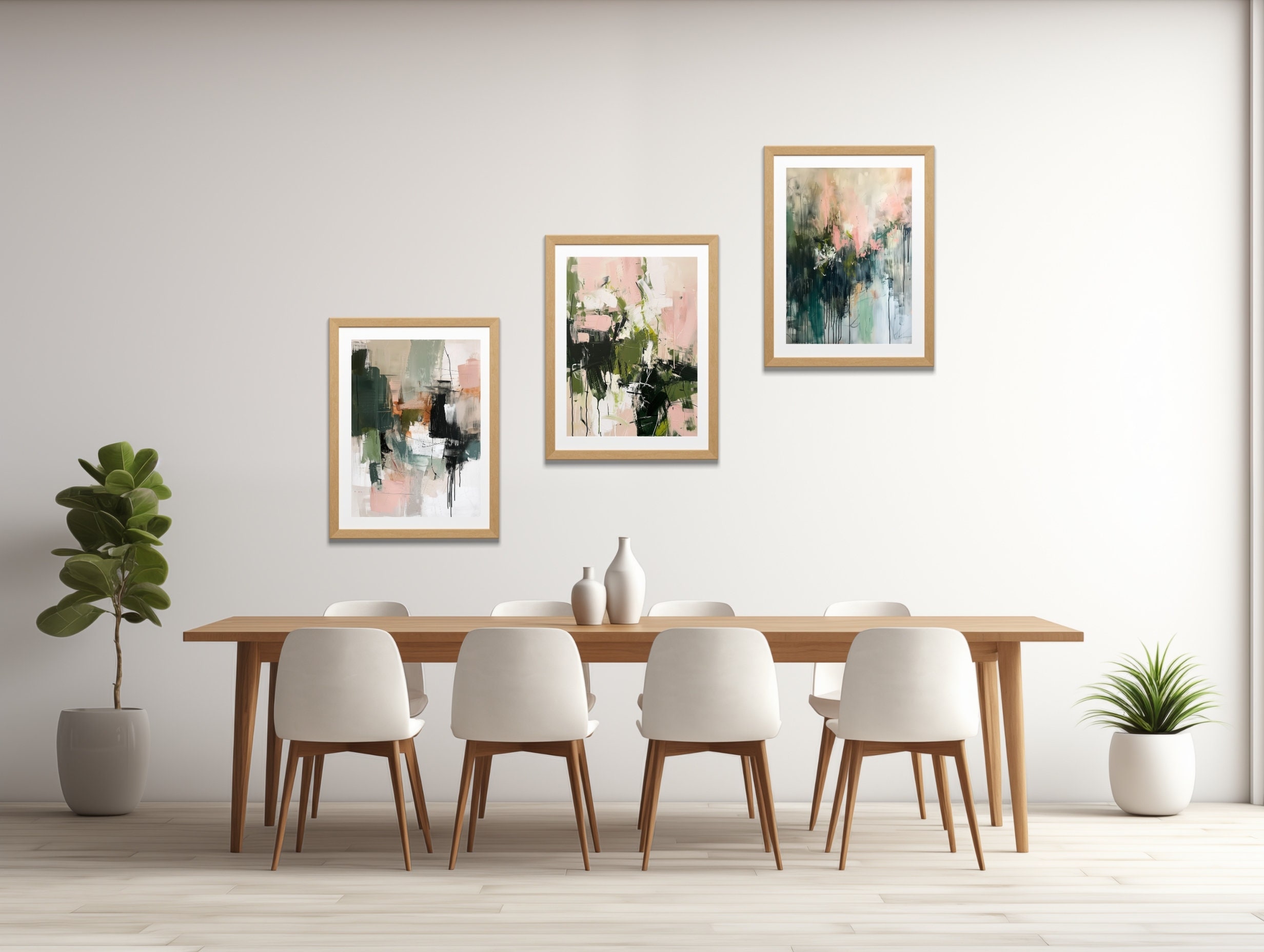 Set of 3 Bohomodern Abstract Green and Pink Art Prints for Instant ...