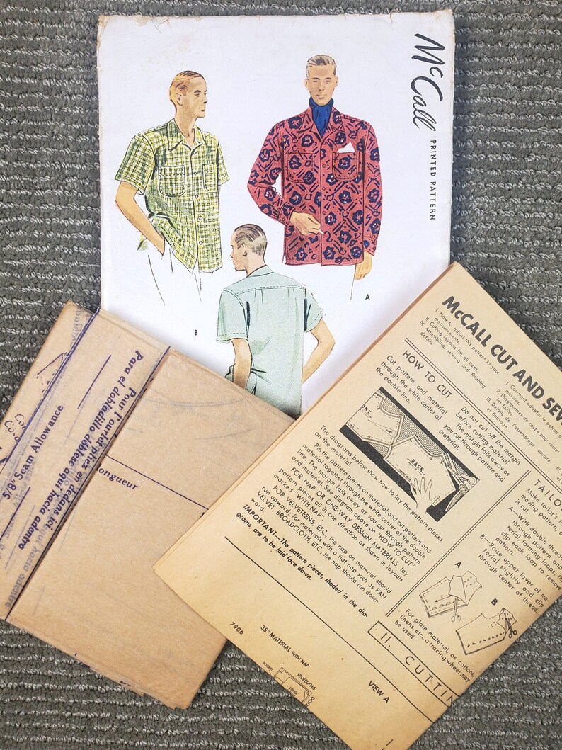 1940 Vintage Men's Sport Shirt Sz Med, 38-40 Chest Mccall 7906 Vintage ...