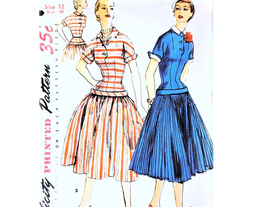 1950s Drop Waist Dress, Full Skirt, Fitted Bodice - Sz 12, B30 ...