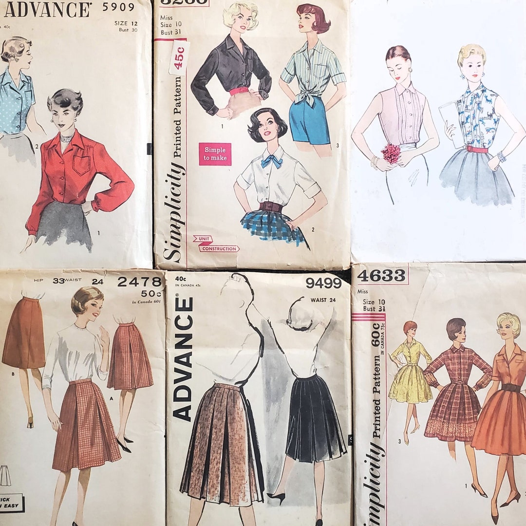You Choose 1950s Vintage Patterns Blouses, Skirts, Dresses Simplicity 4633, 3260, Advance 9499 ...