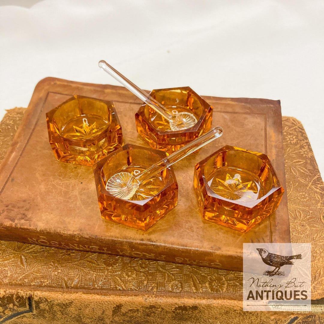 Antique Victorian Cut Crystal Salt Dips Cellars With Glass Spoons, Set ...