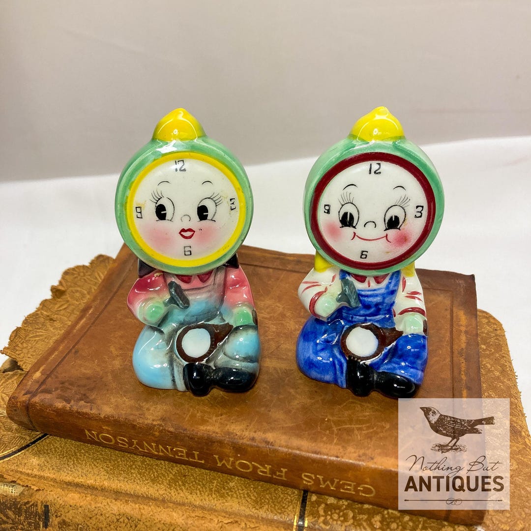 Vintage HTF Anthropomorphic Clock Girl & Boy Salt and Pepper Shakers ...