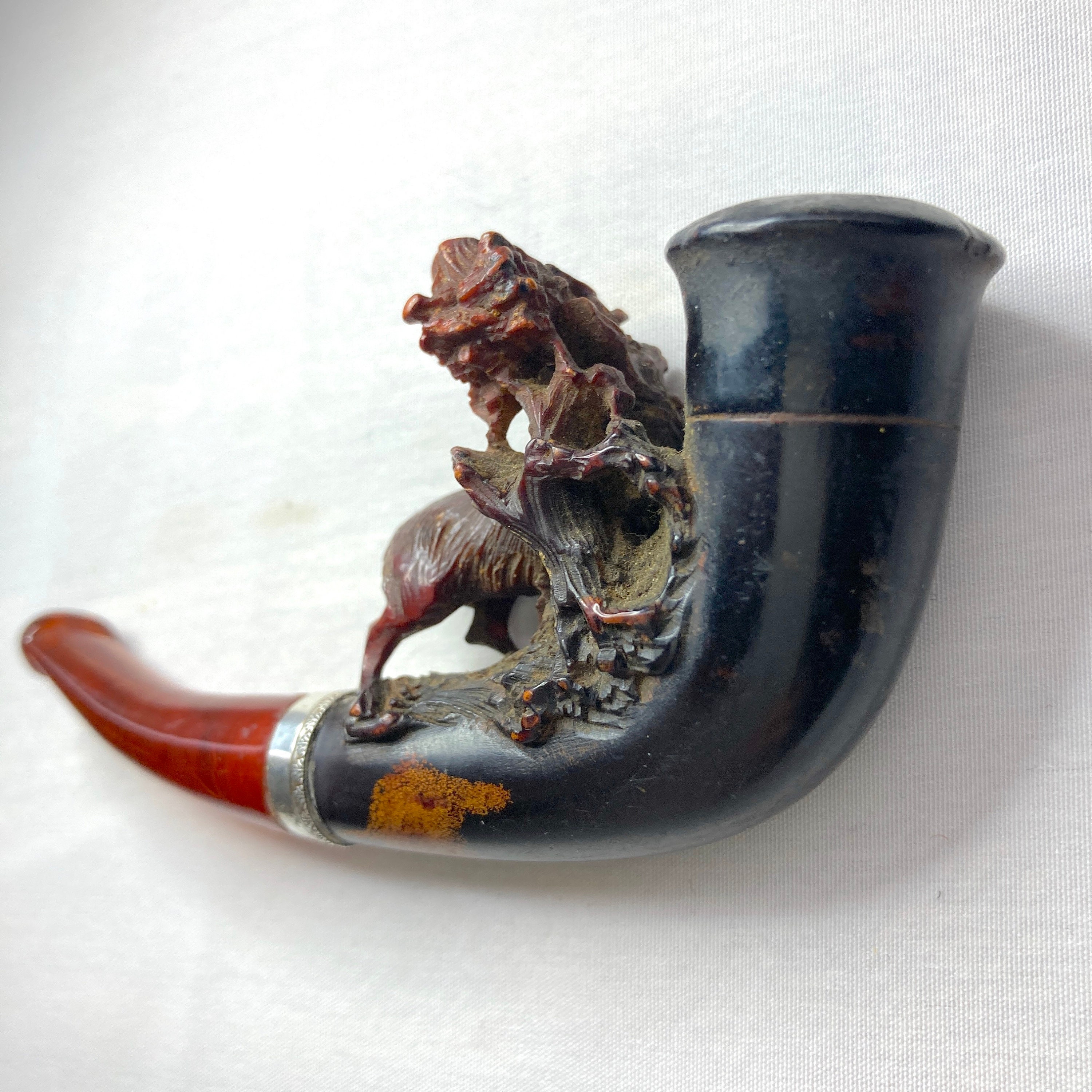 Antique Meerschaum Hand Carved Stag Tobacco Pipe With Silver Connector ...