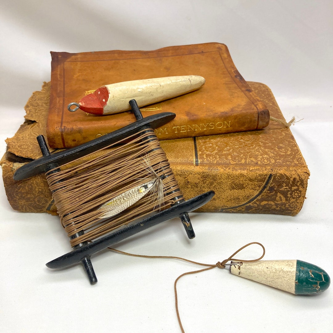 Antique Fishing Hand Drop Line Winder Reel, Fly, Wood Bobber, Primitive ...
