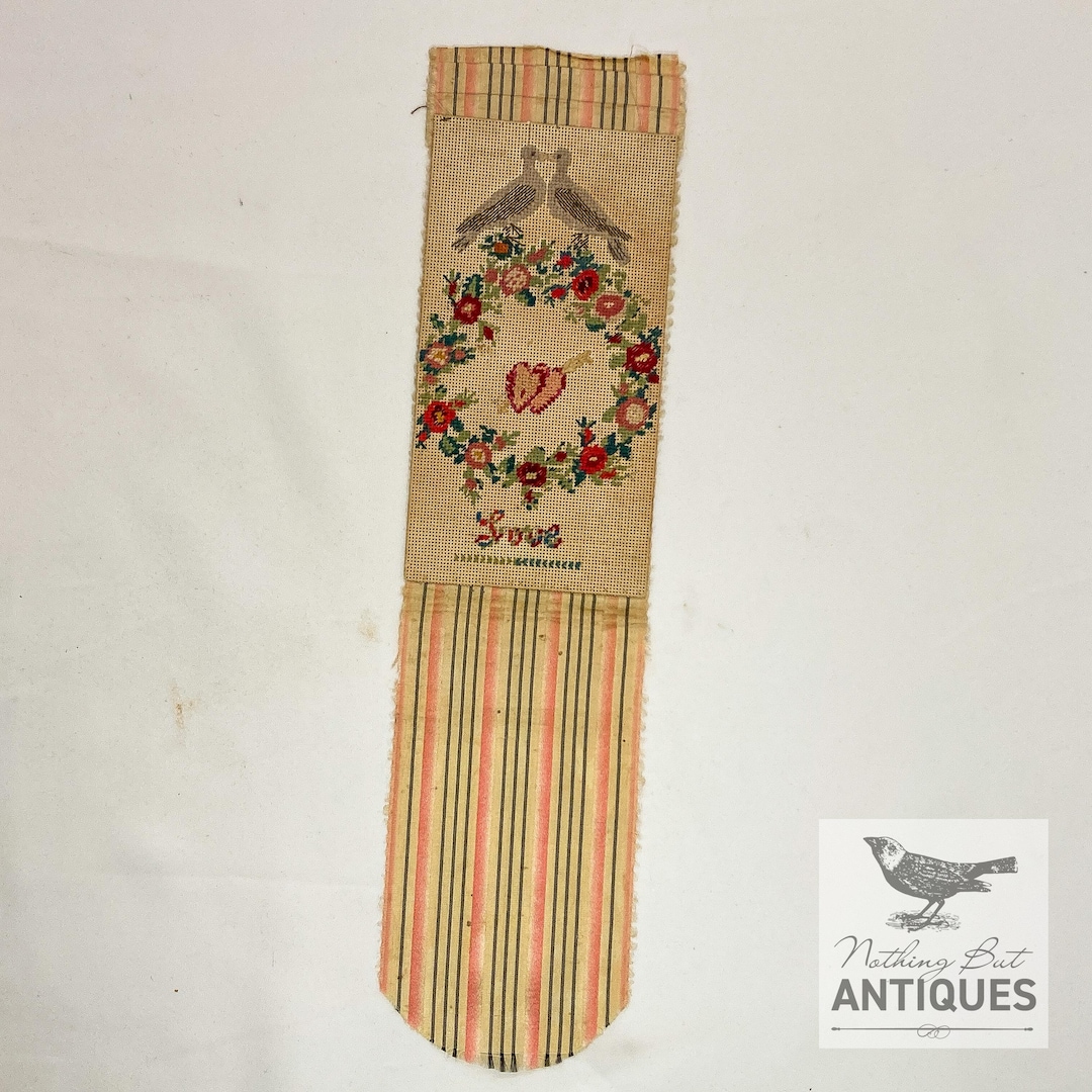 Antique Victorian Punched Paper & Silk Bookmark, LARGE Love Bird ...