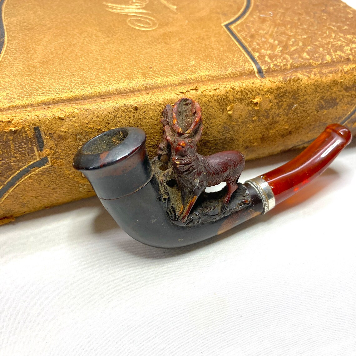 Antique Meerschaum Hand Carved Stag Tobacco Pipe With Silver Connector ...