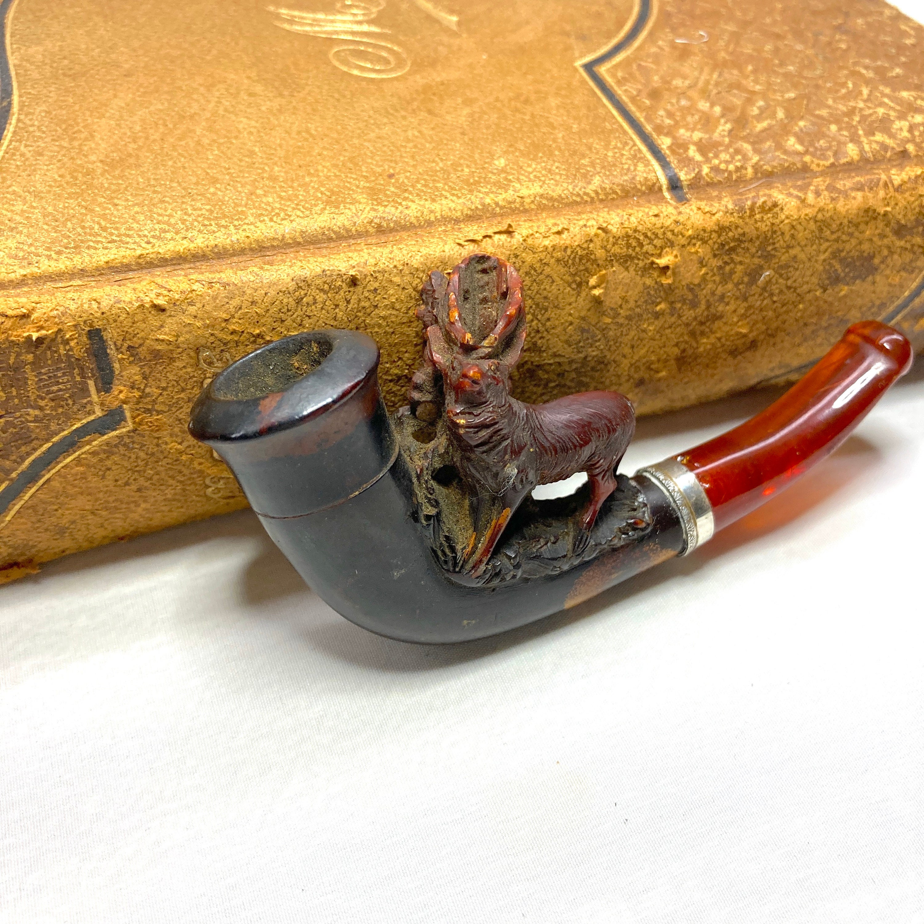 Antique Meerschaum Hand Carved Stag Tobacco Pipe With Silver Connector ...