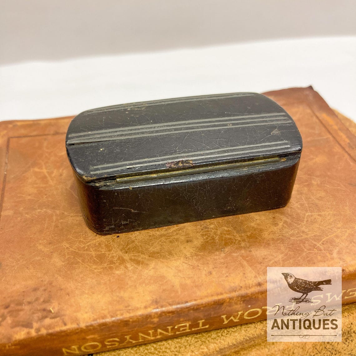 Antique Victorian Snuff Box With Snuff Spoon, Lacquered Paper Mache ...