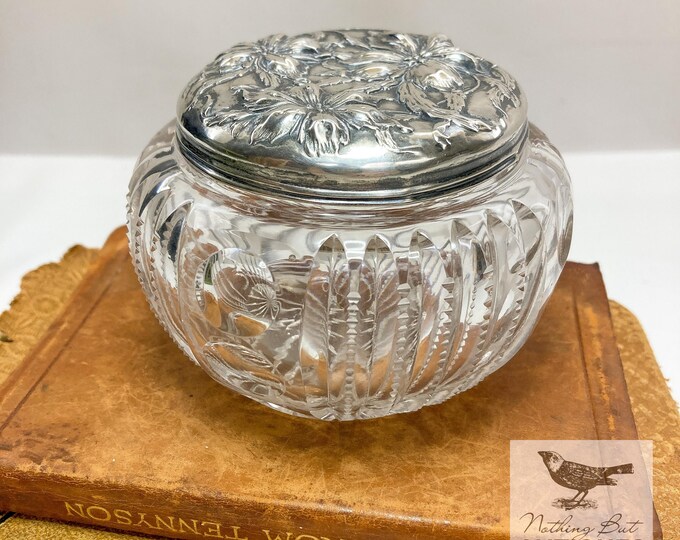 Antique Large Powder Jar Art Nouveau Cut Crystal With Repoussé Sterling ...