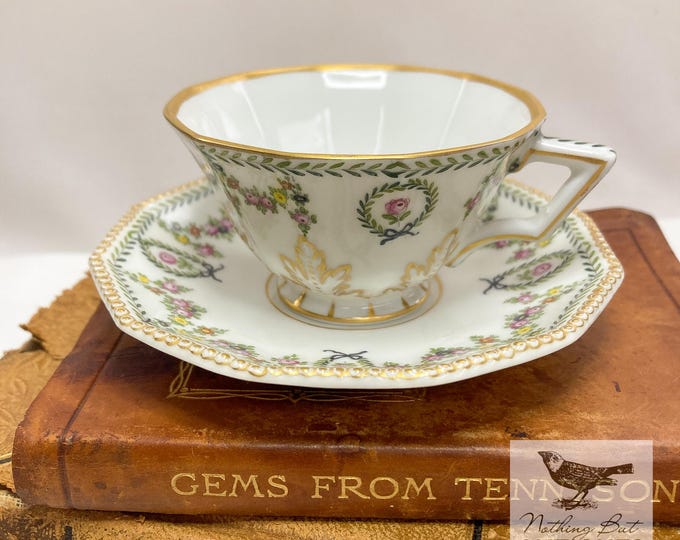 Antique Nymphenburg Bone China Hand Painted Cup and Saucer, Perl Feston ...