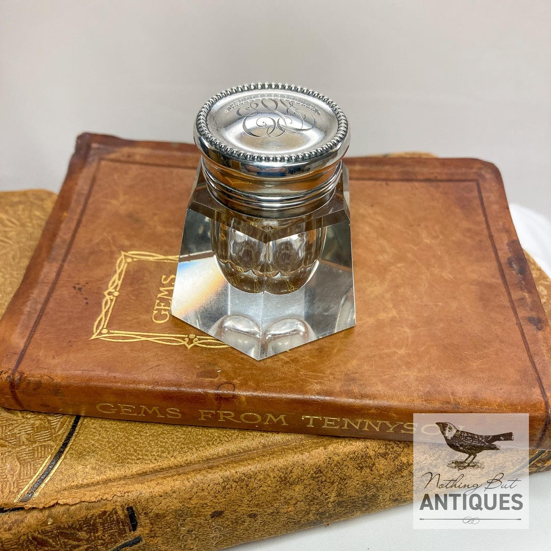 Antique Edwardian Inkwell, Sterling Silver and Cut Crystal Monogrammed ...