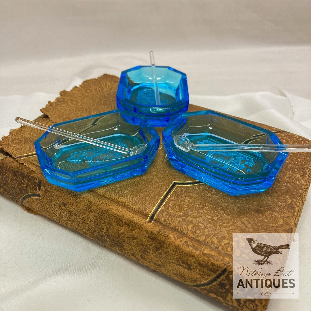 Antique Salt Dips, Blue Intaglio Glass With Glass Spoons, Set of 3, Ca ...