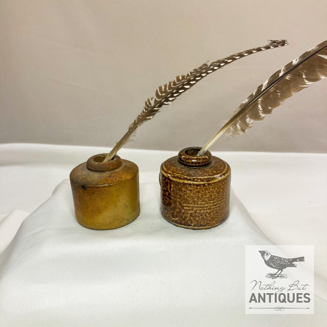 Antique Salt Glazed Stoneware Ink Wells With Feather Quills, 19th ...