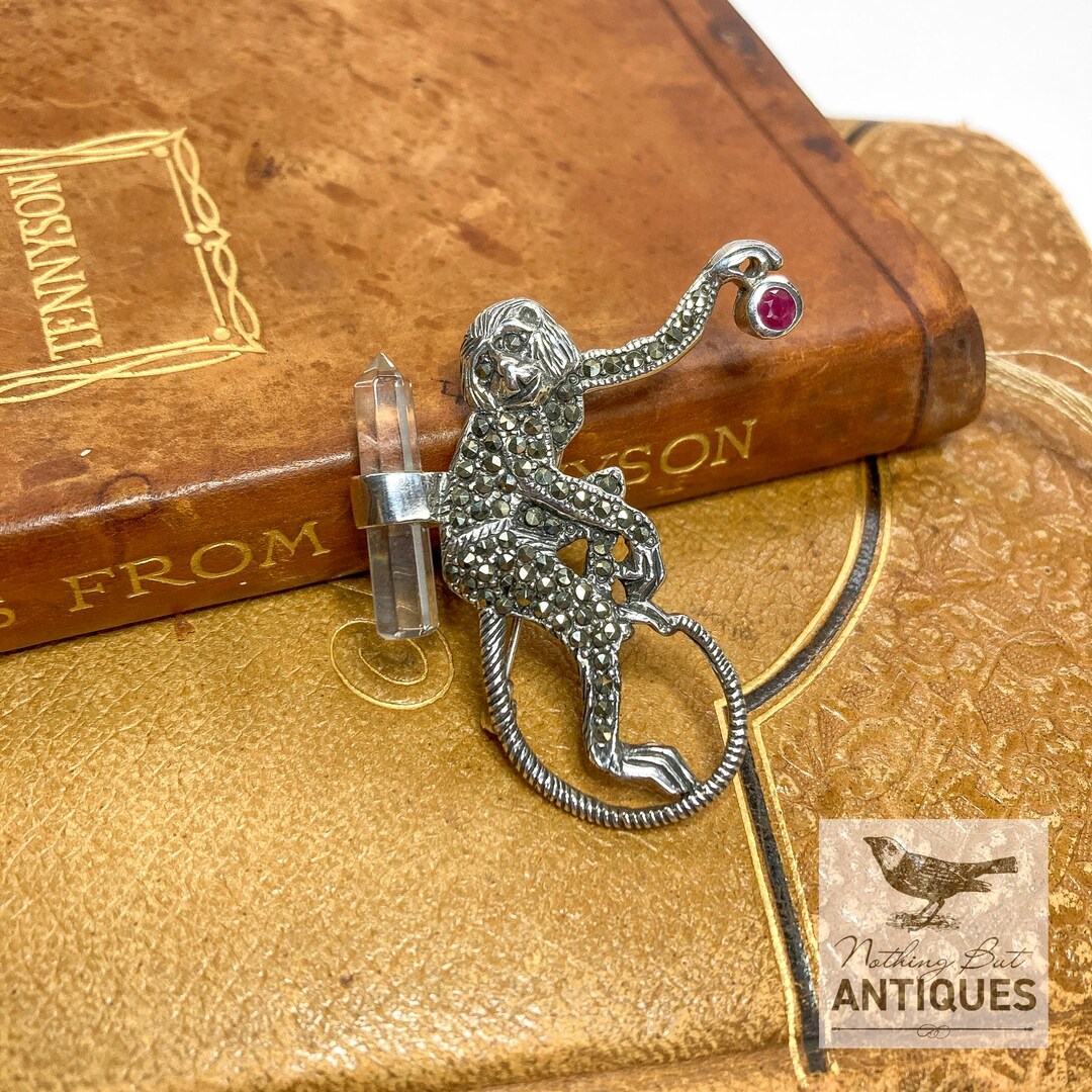 Vintage Monkey Pin Brooch, Marcasite and 925 Sterling Silver, Ca. 1970s ...