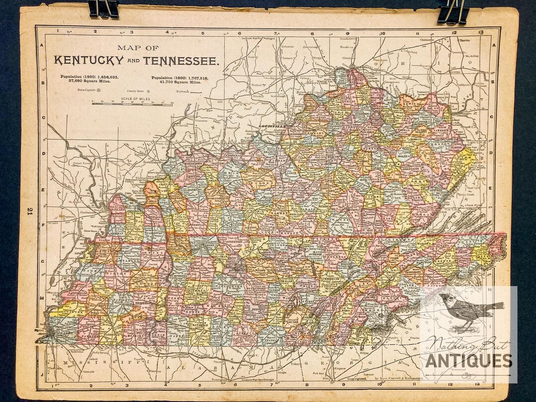 Antique Victorian Map of KENTUCKY & TENNESSEE and Indiana, GENUINE ...