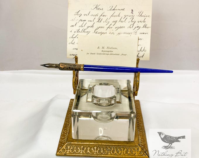 Antique Edwardian LARGE Heavy Cut Crystal Ink Well, With Fountain Pen ...