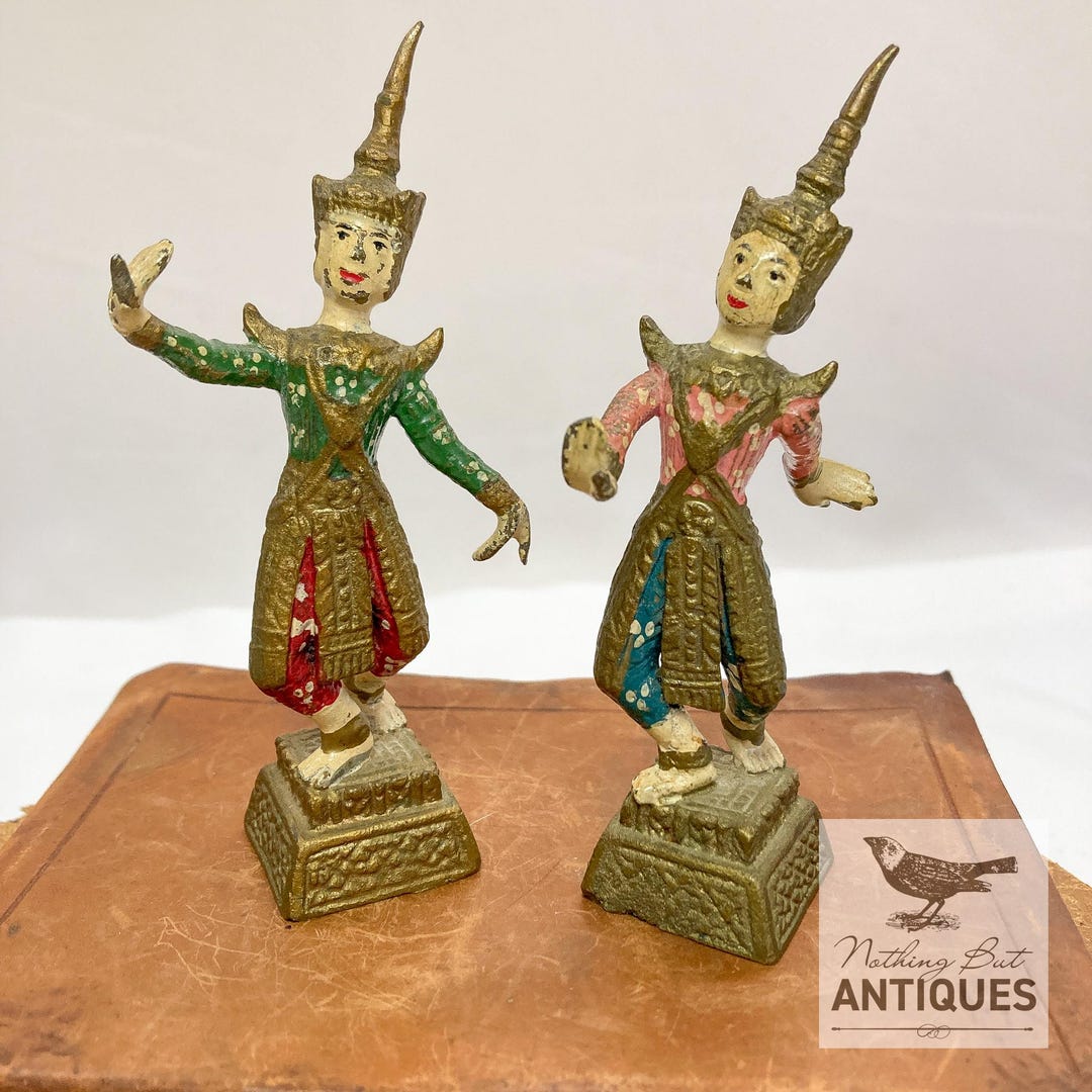 Antique Vintage Art Deco Thai Dancers, Painted Bronze 4-1/4 In., Set of ...