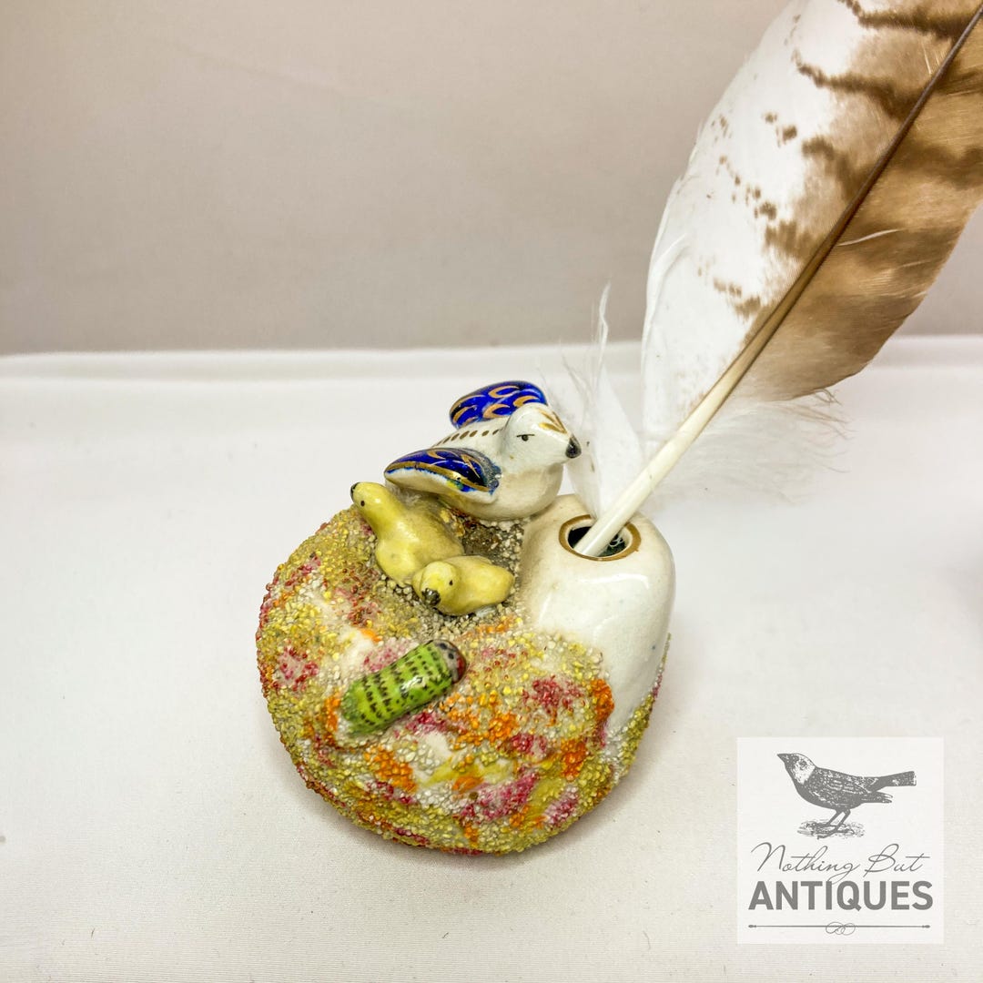 Antique Staffordshire Porcelain Confetti Ink Well & Quill Holder, Bird ...