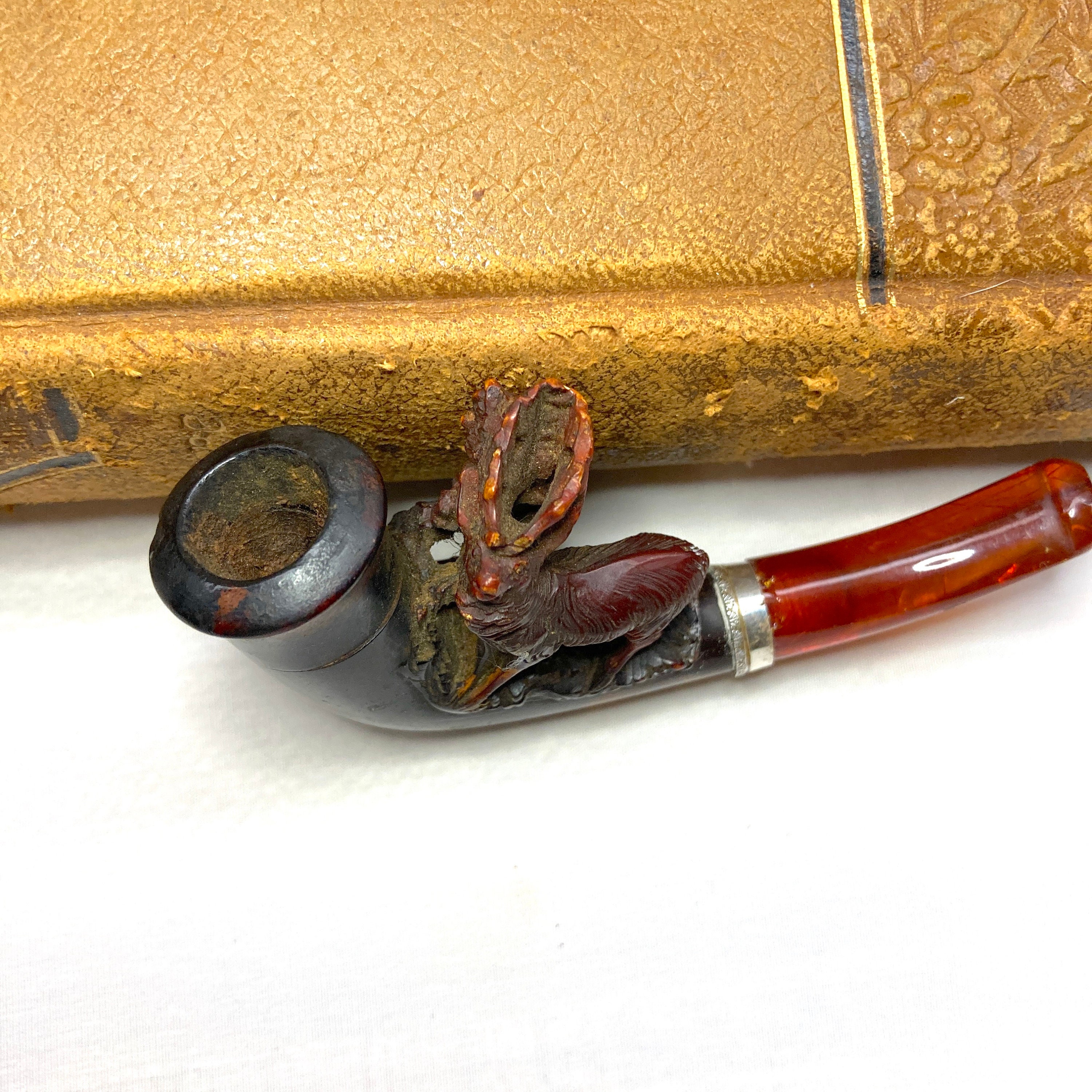 Antique Meerschaum Hand Carved Stag Tobacco Pipe With Silver Connector ...