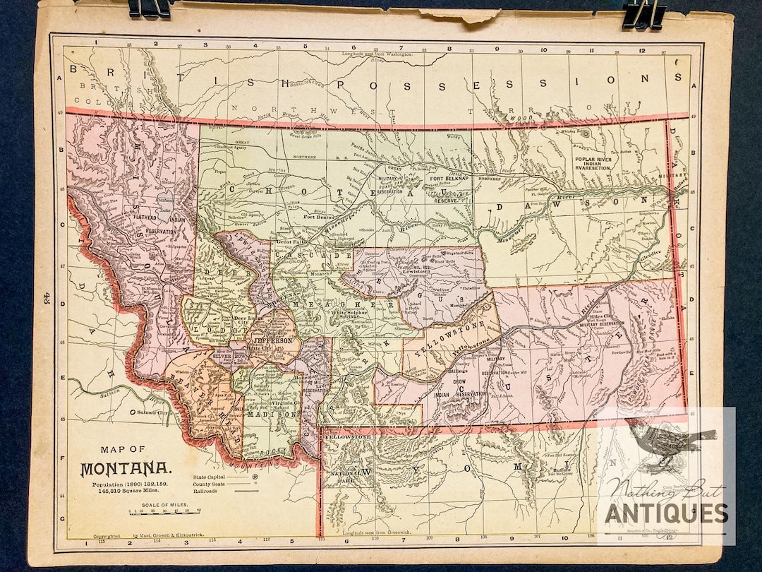 Antique Victorian Map of MONTANA & Idaho and Wyoming, GENUINE, Double ...