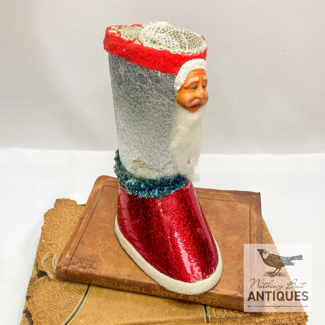 Antique Christmas Santa Boot Candy Container, With Santa Face & Spun ...