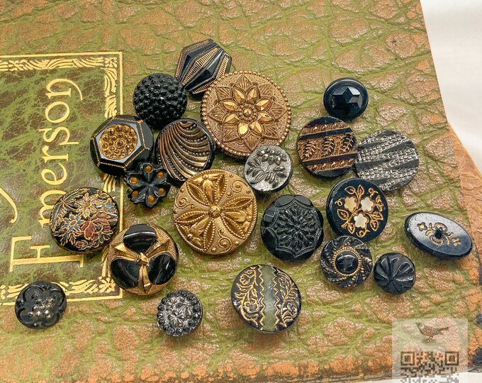 Antique Victorian Black Jet Buttons, Mostly Gold Gilded Glass, Set of ...