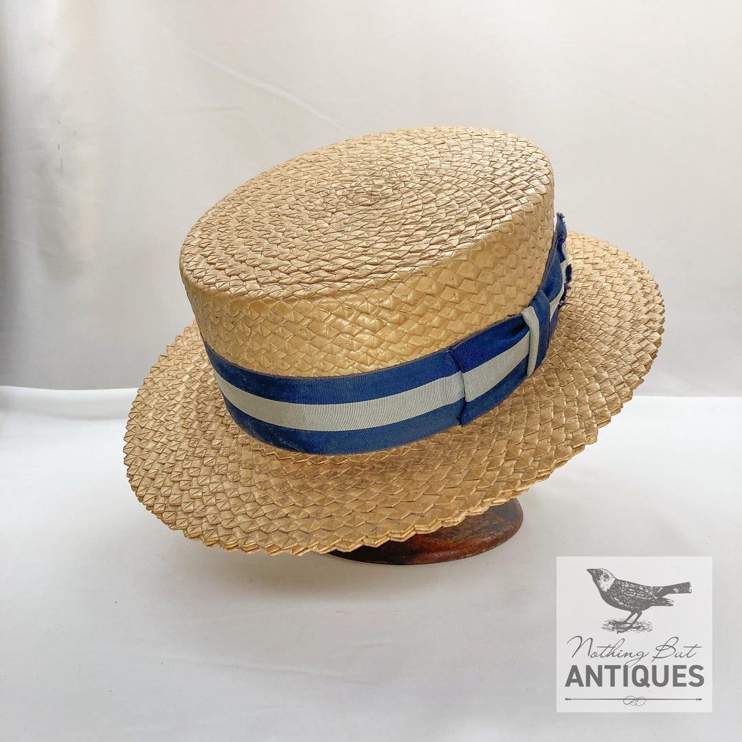 Antique Summer Straw Boater Hat With Blue & Silver Striped Ribbon, Adam ...