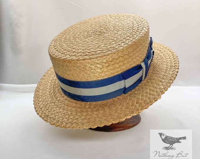 Antique Summer Straw Boater Hat With Blue & Silver Striped Ribbon, Adam ...
