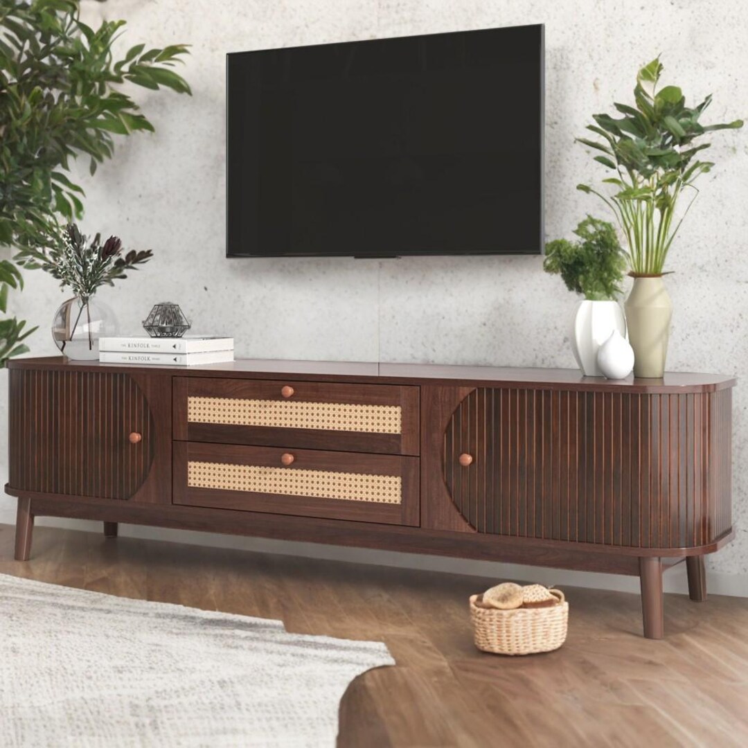 Modern Farmhouse Style Media Console, Rattan TV Cabinet, Entertainment ...