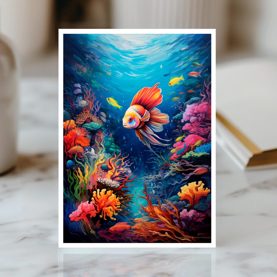 Underwater Scene Greeting Card Colorful Coral Reef Card Tropical Fish ...
