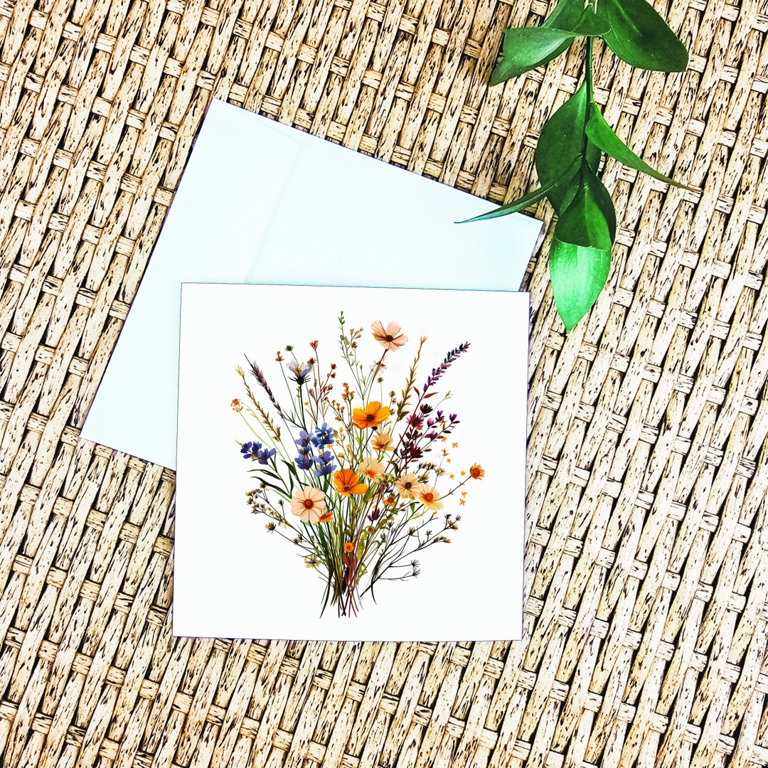 Wildflower Bouquet Card Botanical Art Floral Greeting Card Colorful ...