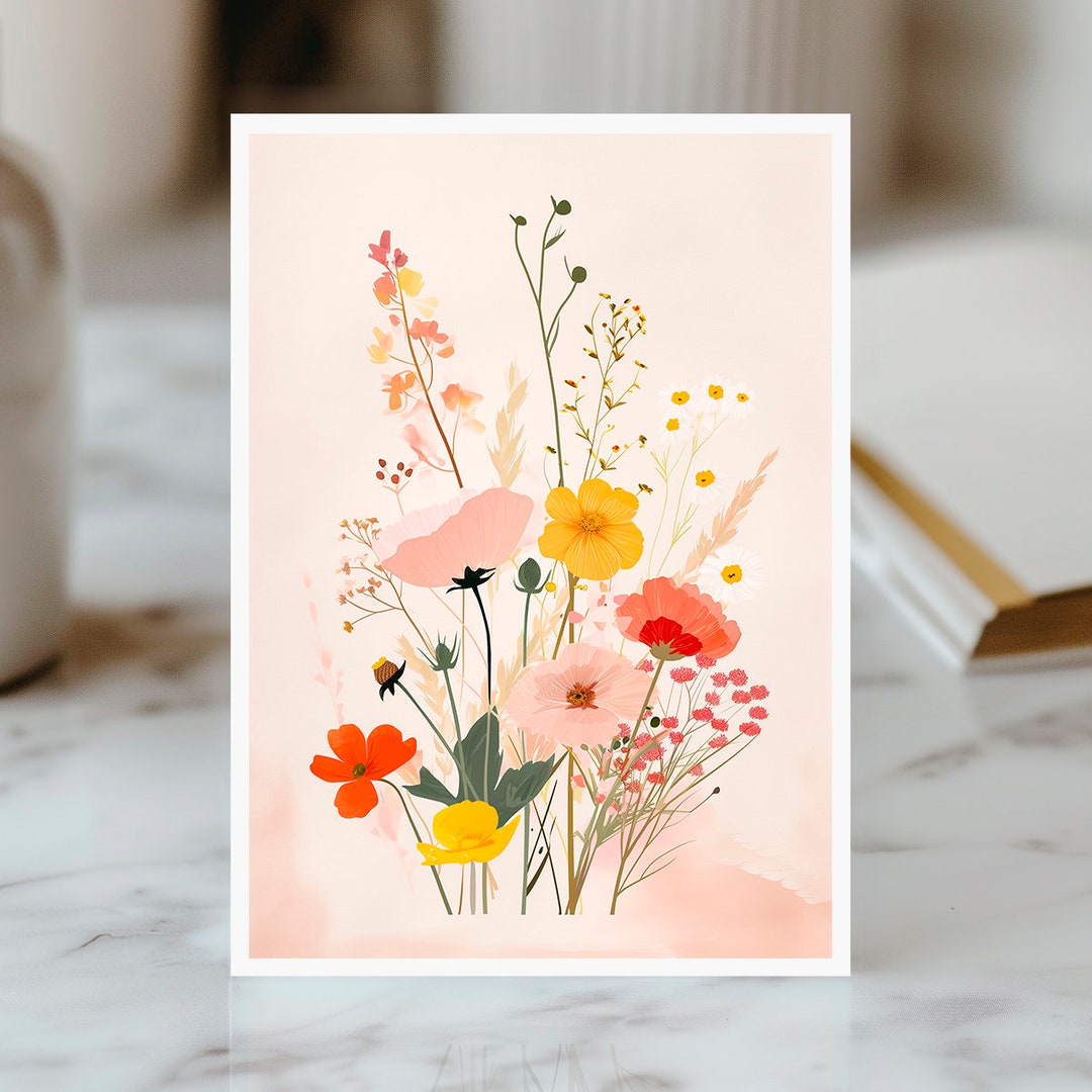 Floral Greeting Card Spring Flowers Bouquet Art Simple Wildflowers ...