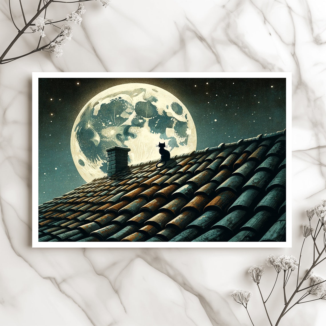 Cat on Rooftop Card Moonlit Cat Card Night Sky Card Starry Night Card ...