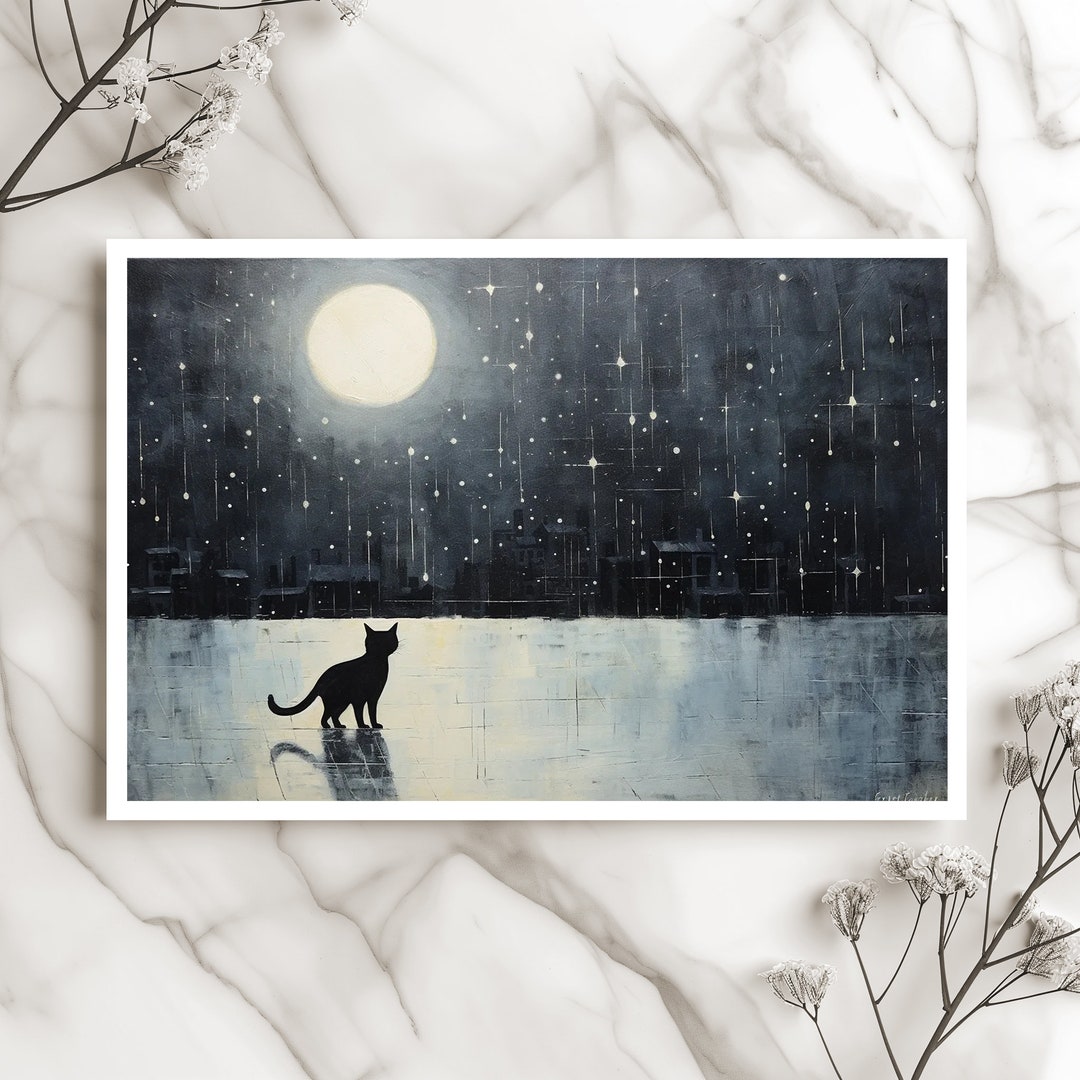 Moonlit, New Moon Cat Card Night Sky Card Watercolor Cat Card Starry ...