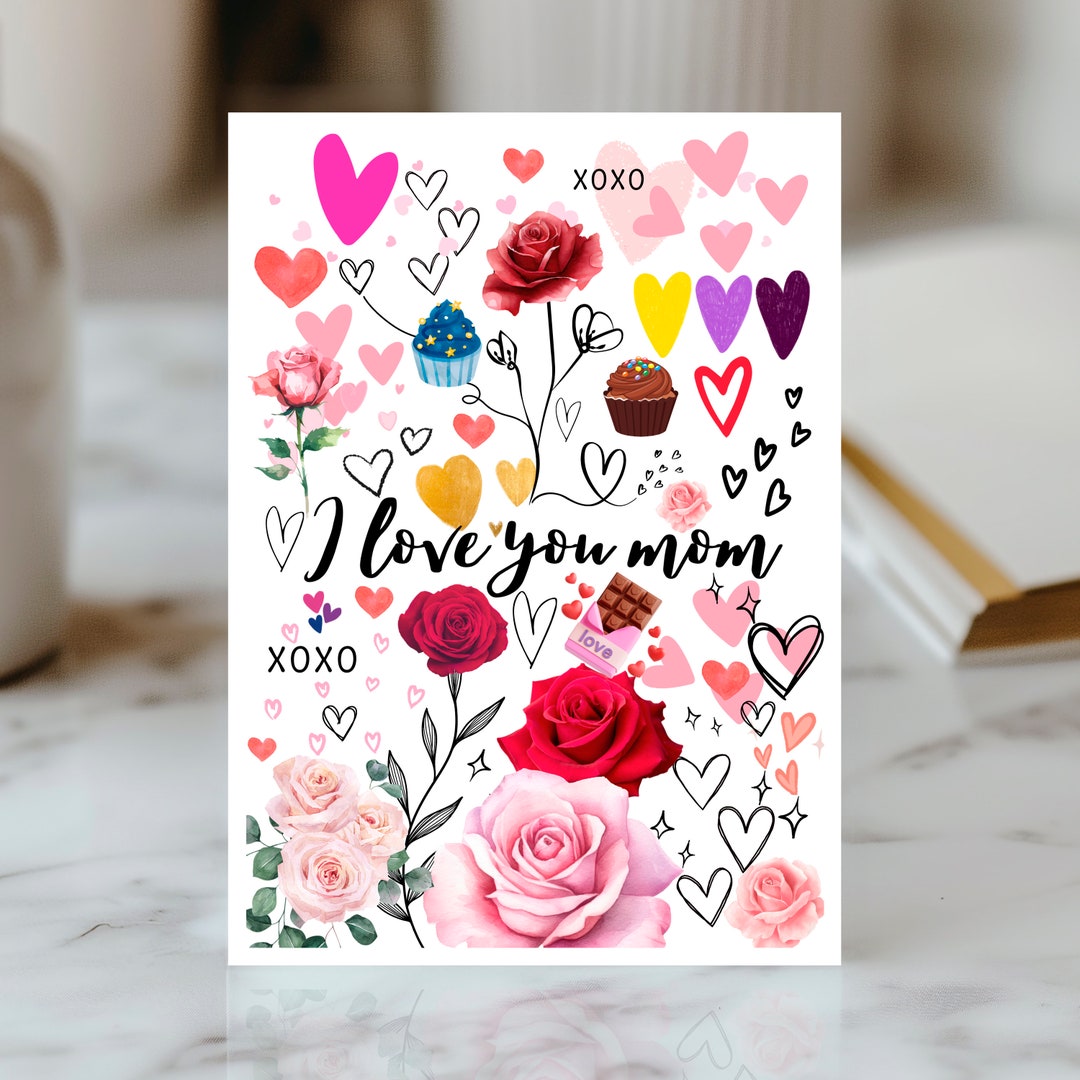 Love You Mom Card, Mother's Day Greeting, Floral Heart Card, Mom ...