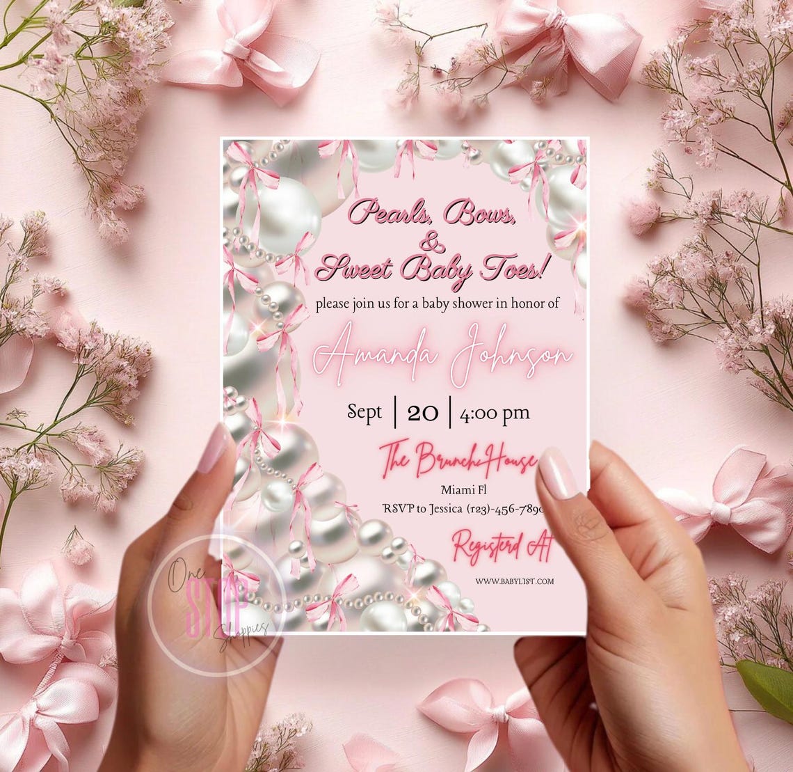 Pearls, Bows & Sweet Baby Toes Baby Shower Invitation Template ...