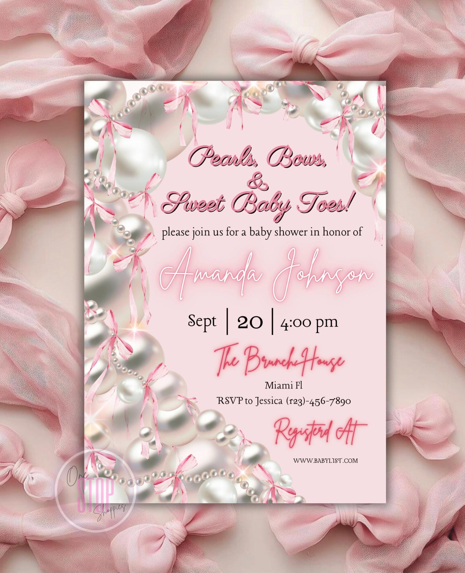 Pearls, Bows & Sweet Baby Toes Baby Shower Invitation Template ...