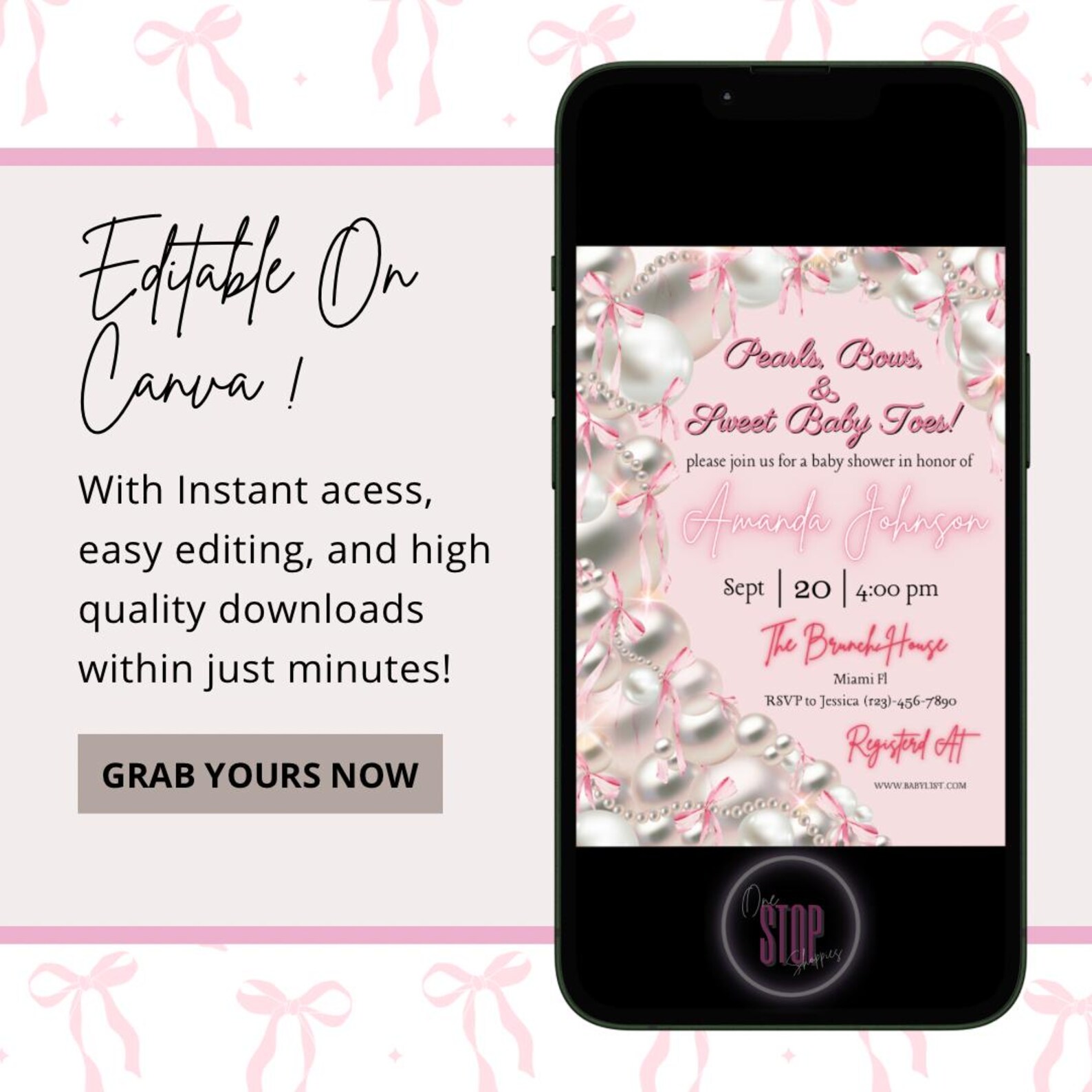 Pearls, Bows & Sweet Baby Toes Baby Shower Invitation Template ...