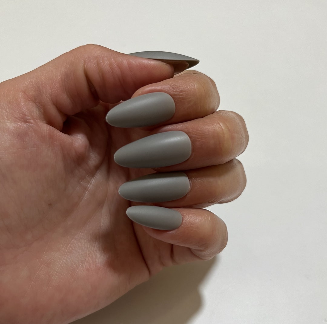 Gray Nails.press on Nails. Classic Gray on Nails. Perfect Almond Gray ...