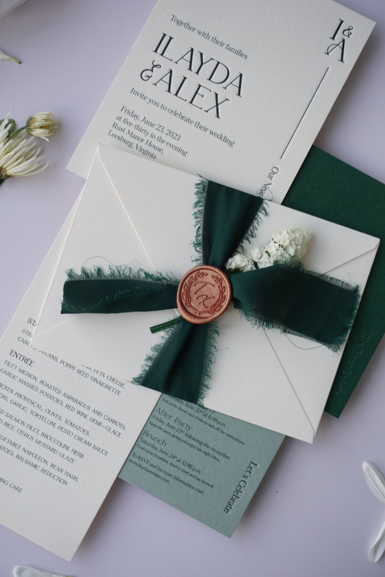 Emerald Green Wedding Invitation With Custom Wax Seal, Printed Wedding ...