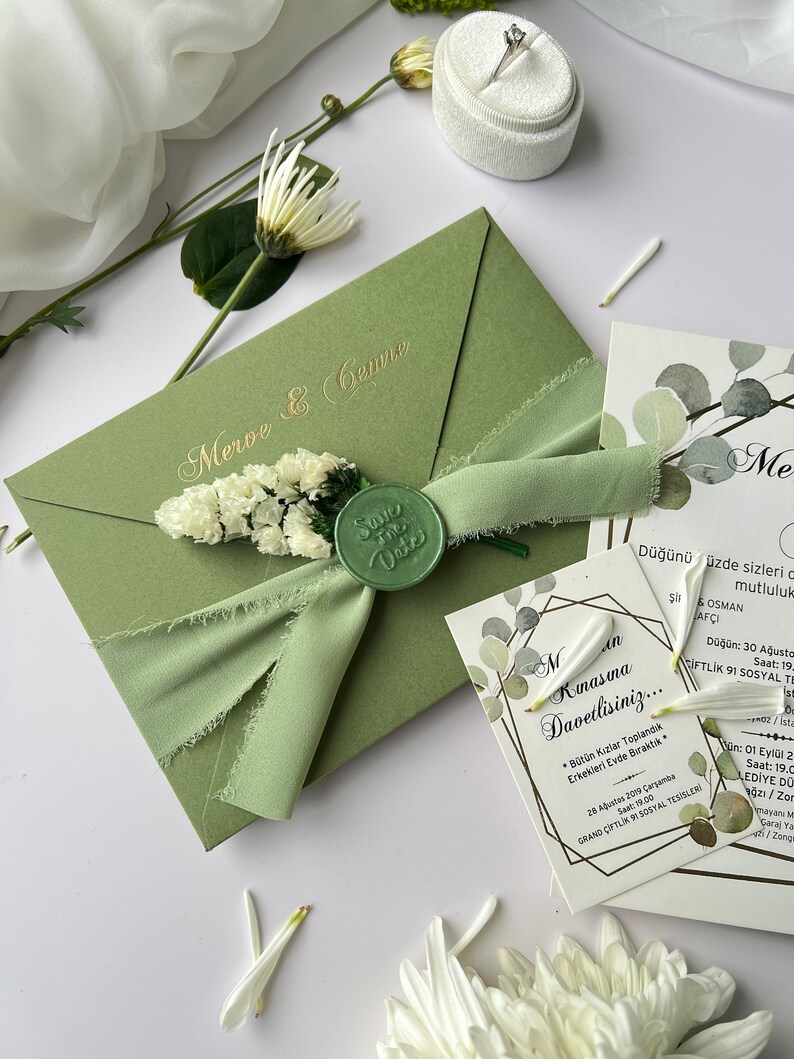 Sage Green Wedding Invitation, Floral Minimalist Invitation, Custom ...