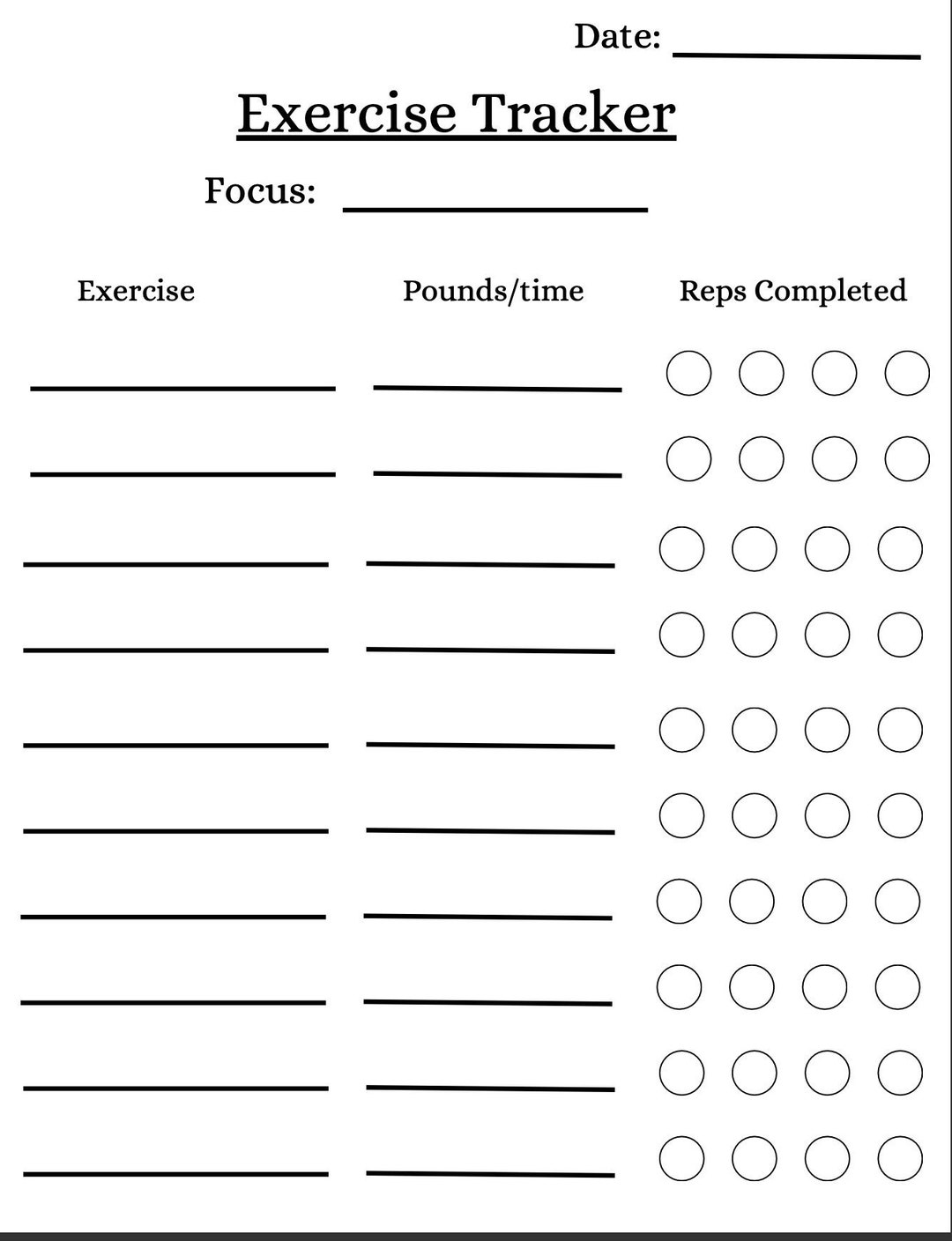 Simple Exercise Tracking Sheet - Fill in the Blank - Etsy