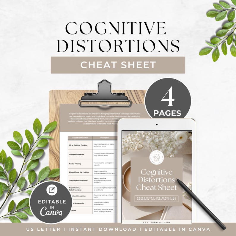Cognitive Distortions Cheat Sheet Template, CBT Mental Health Client ...