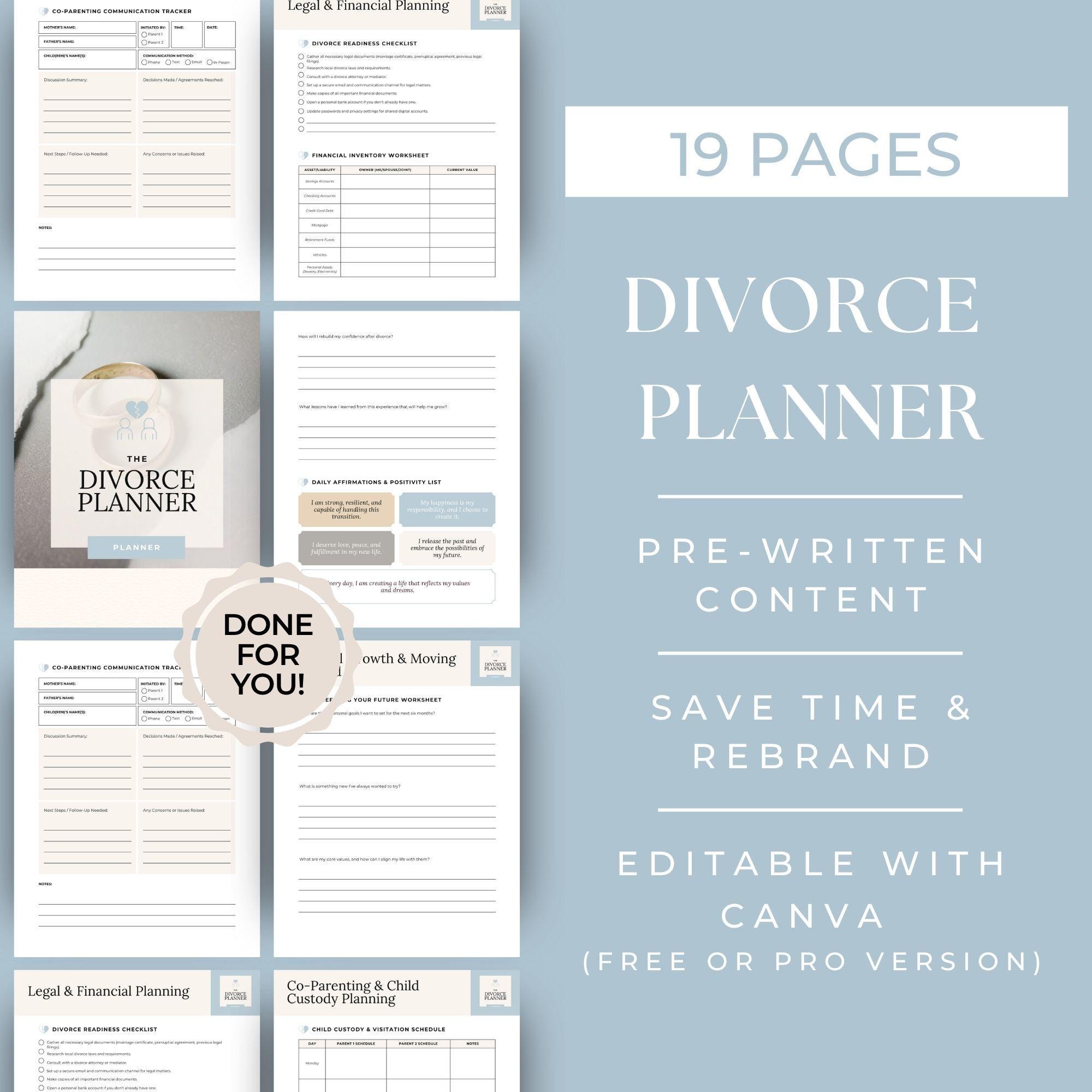 Divorce Planner Template, Co-parenting Checklist, Financial Worksheets ...