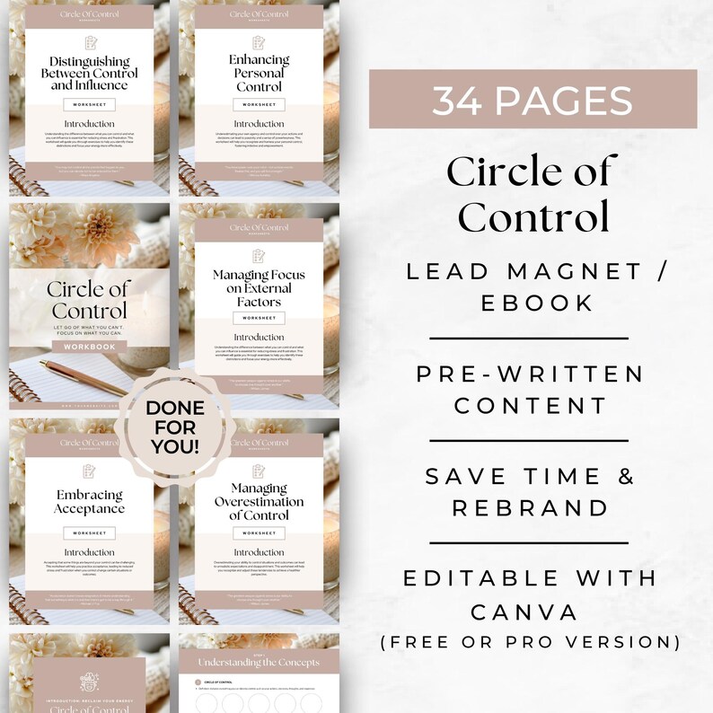 Circle of Control Worksheets Template, Therapy Workbook, Life Coach ...