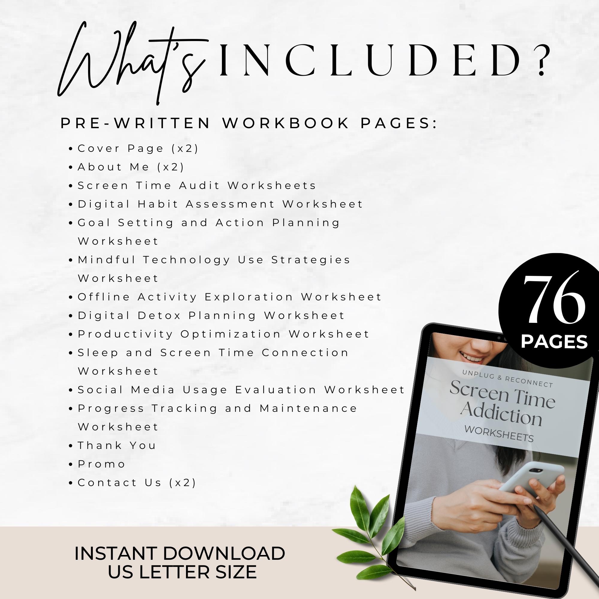 Screen Time Addiction Worksheets, Digital Dopamine Detox Workbook, CBT ...