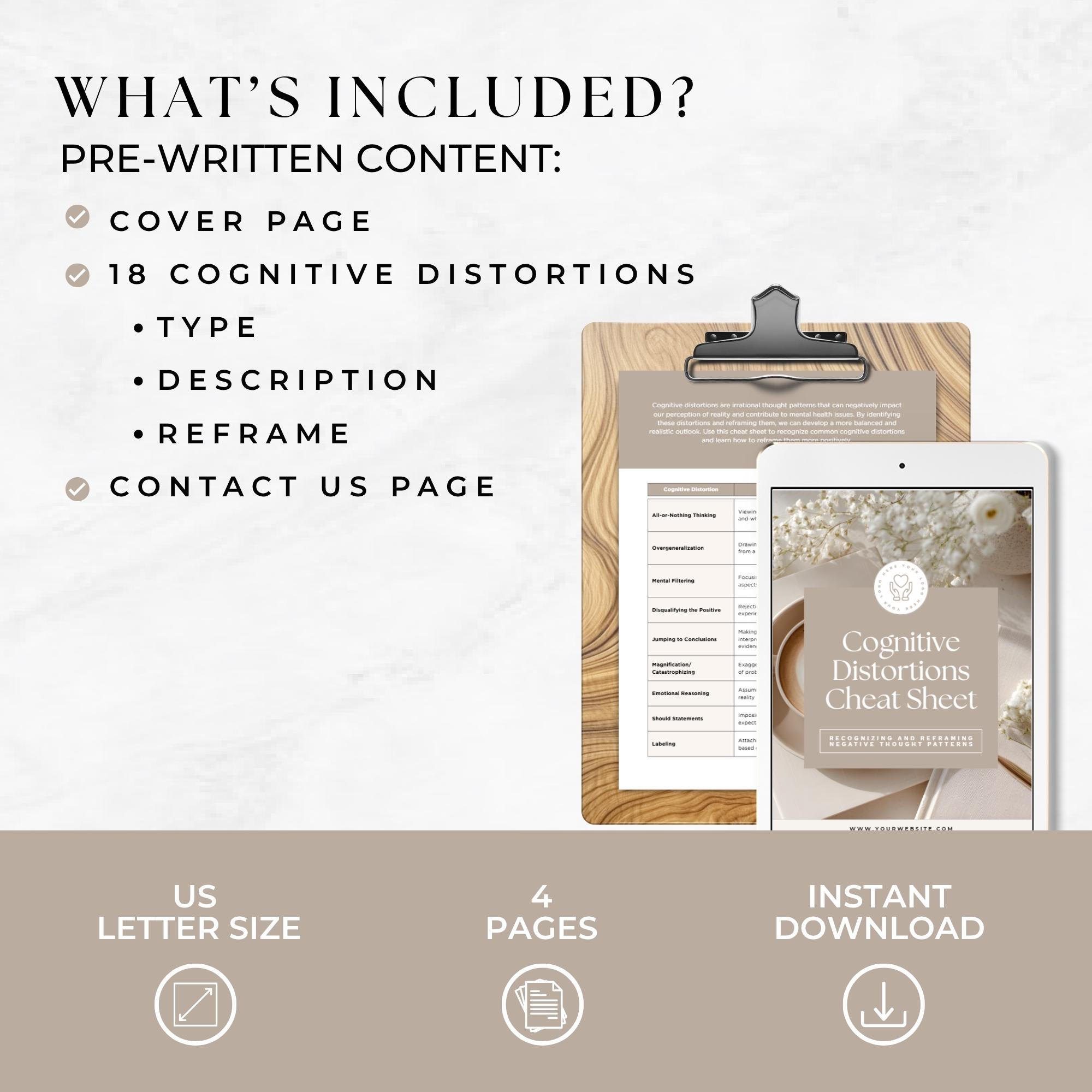 Cognitive Distortions Cheat Sheet Template, CBT Mental Health Client ...