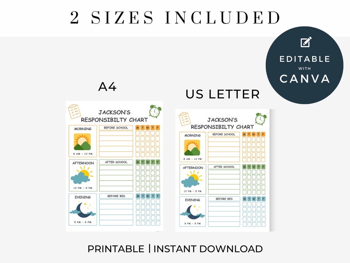 Kids Daily Responsibility Chart Editable, Kids Responsibility List ...