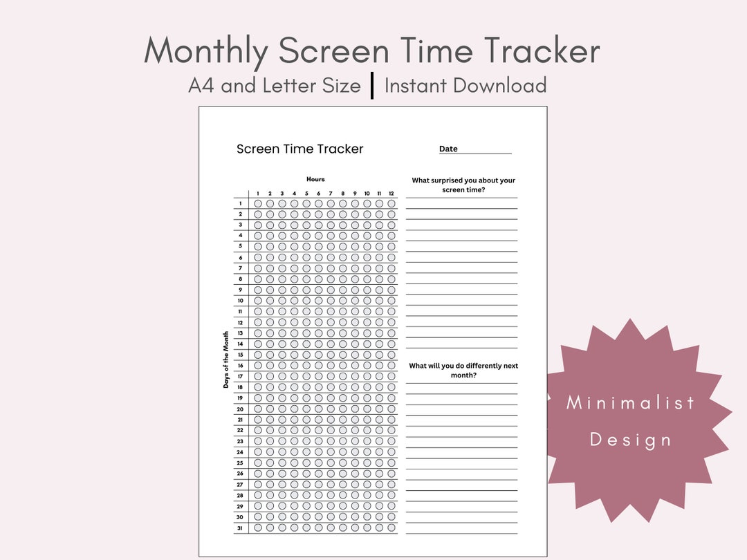 Monthly Screen Time Tracker, Minimalist Screen Time, Screen Time Log, Digital Detox Challenge ...
