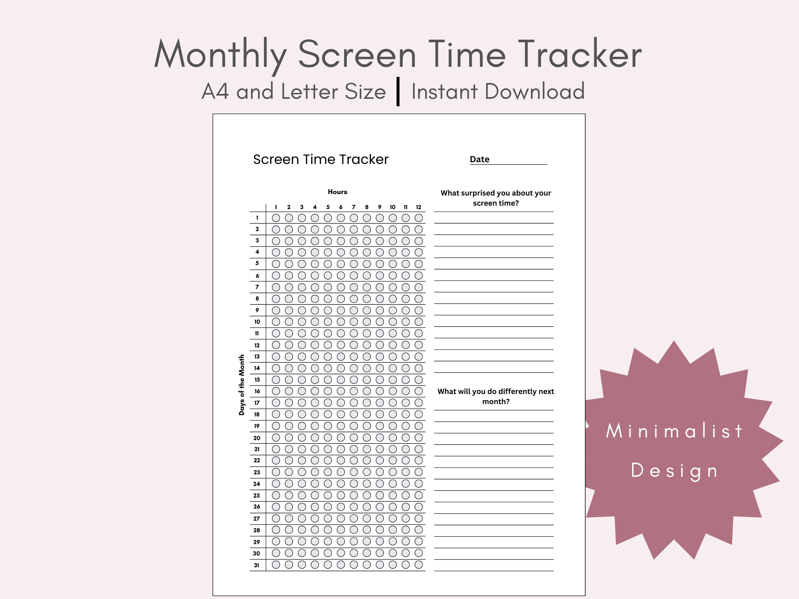 Monthly Screen Time Tracker, Minimalist Screen Time, Screen Time Log ...